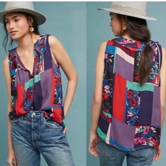 Maeve | Tops | Maeve Anderson Patchwork Floral Ruffle Tie Neck Tank Top ...